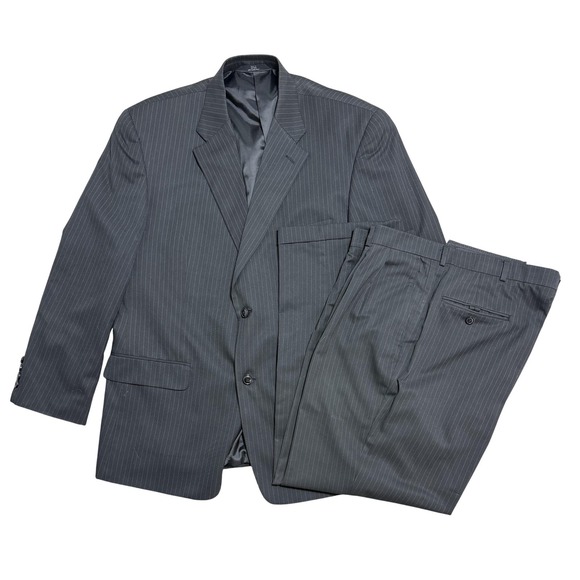 Haggar Suit Mens 46R Jacket 40x30 Pants Black Pinstripe 2 Button ...